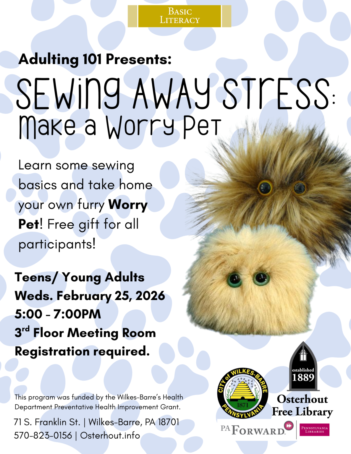 Adulting 101: Sewing Away Stress, Make a Worry Pet – Osterhout Free Library